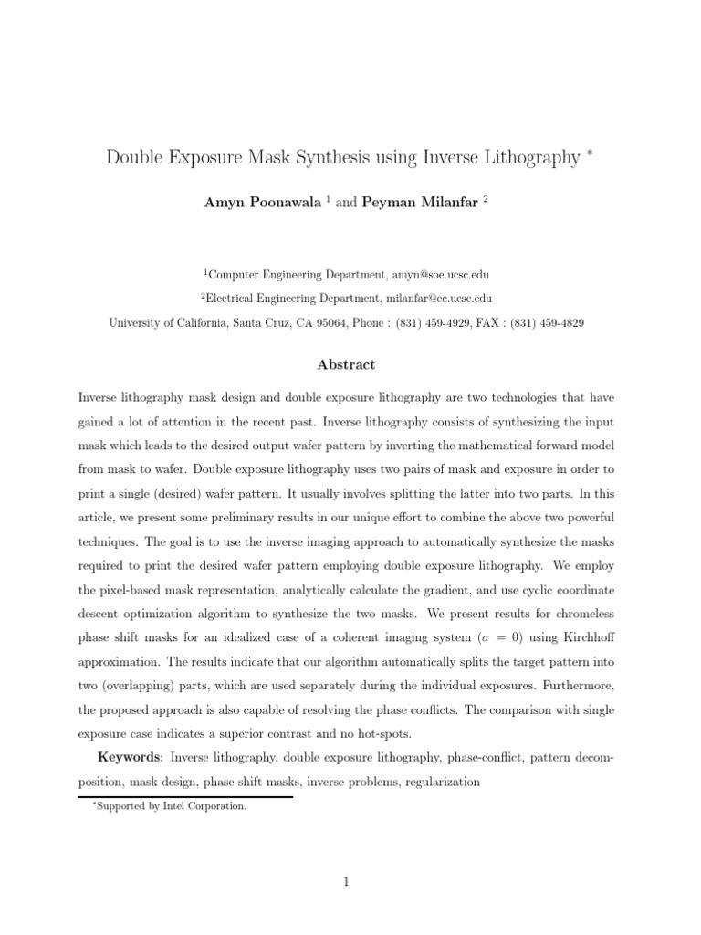 Double Exposure Mask Synthesis Using Inverse Lithography Pdf Photolithography Mathematical 