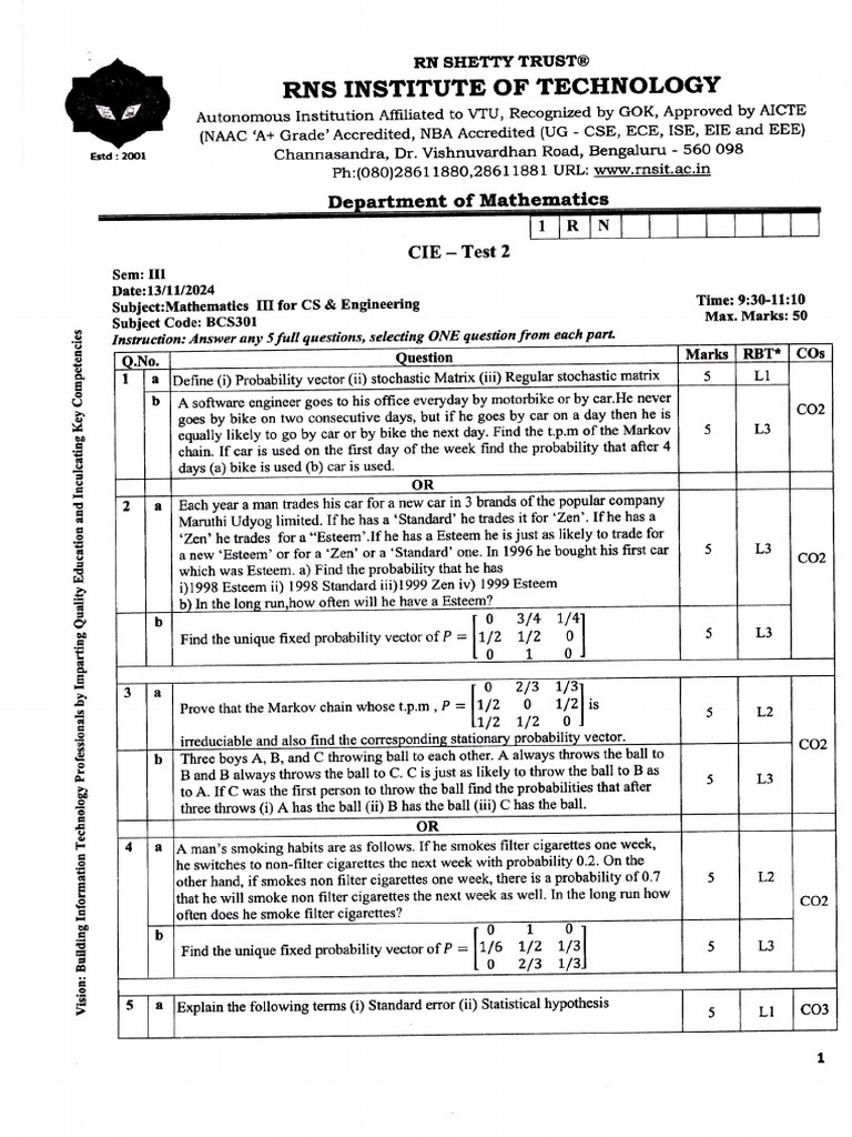 Mathematics Dept IInd Test III BE - Question Paper, Scheme and | PDF