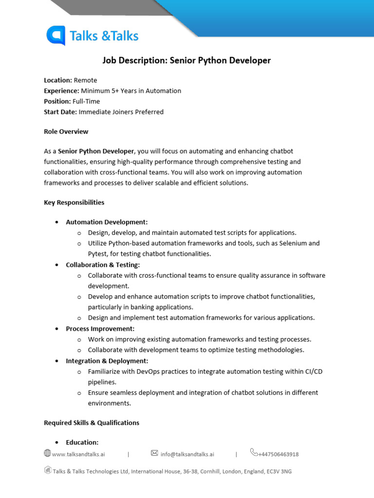 Job Description_Senior Python Developer | PDF | Automation | Selenium ... Job Description_Senior Python Developer | PDF | Automation | Selenium ...
