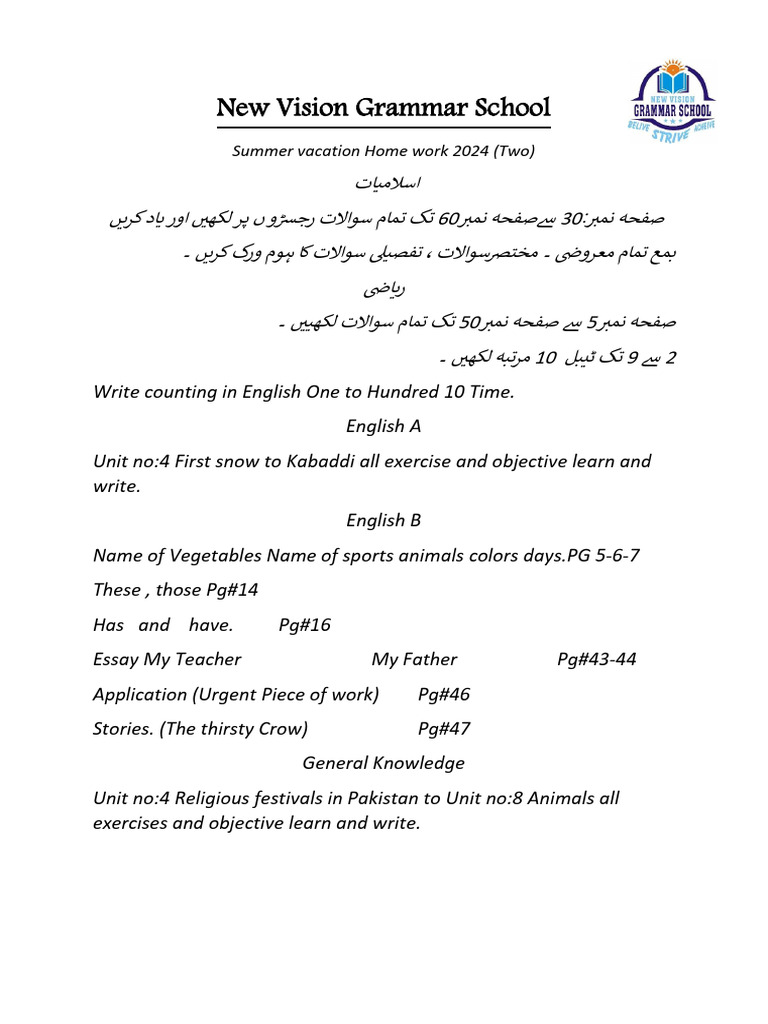 Two Class Summer Vacation Homework | PDF