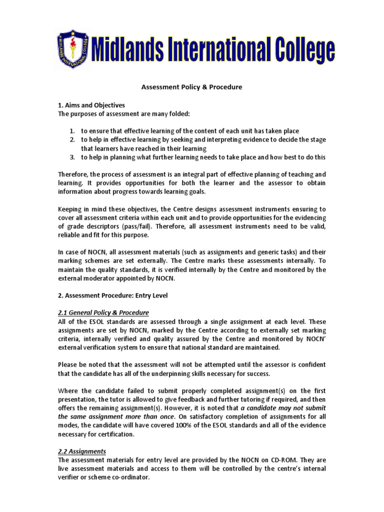 Assessment Policies and Procedures for Ensuring Valid and Reliable ...
