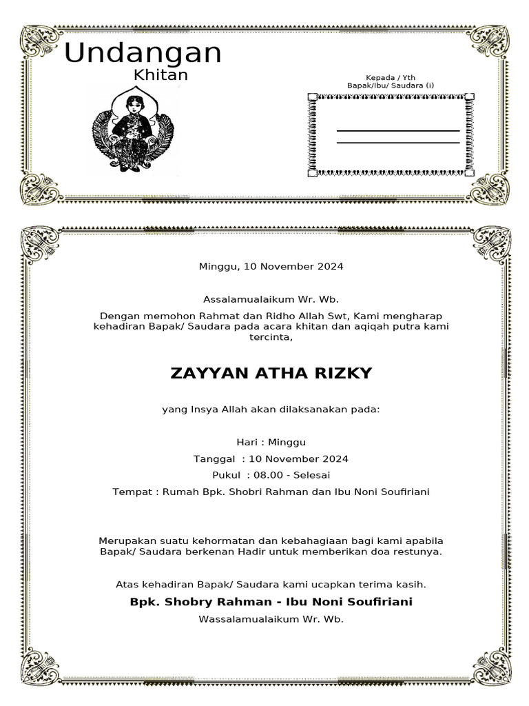 Undangan Khitan Zayyan | PDF