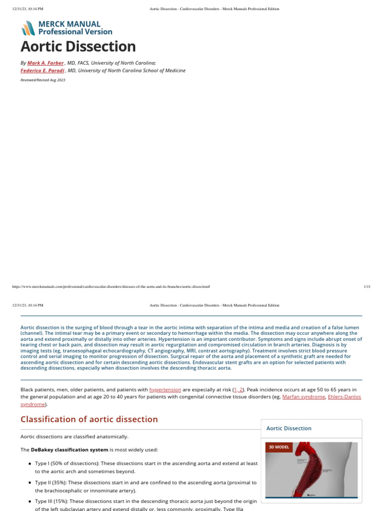 Aortic Dissection - Cardiovascular Disorders - Merck Manuals Professional Edition | PDF | Aorta ...