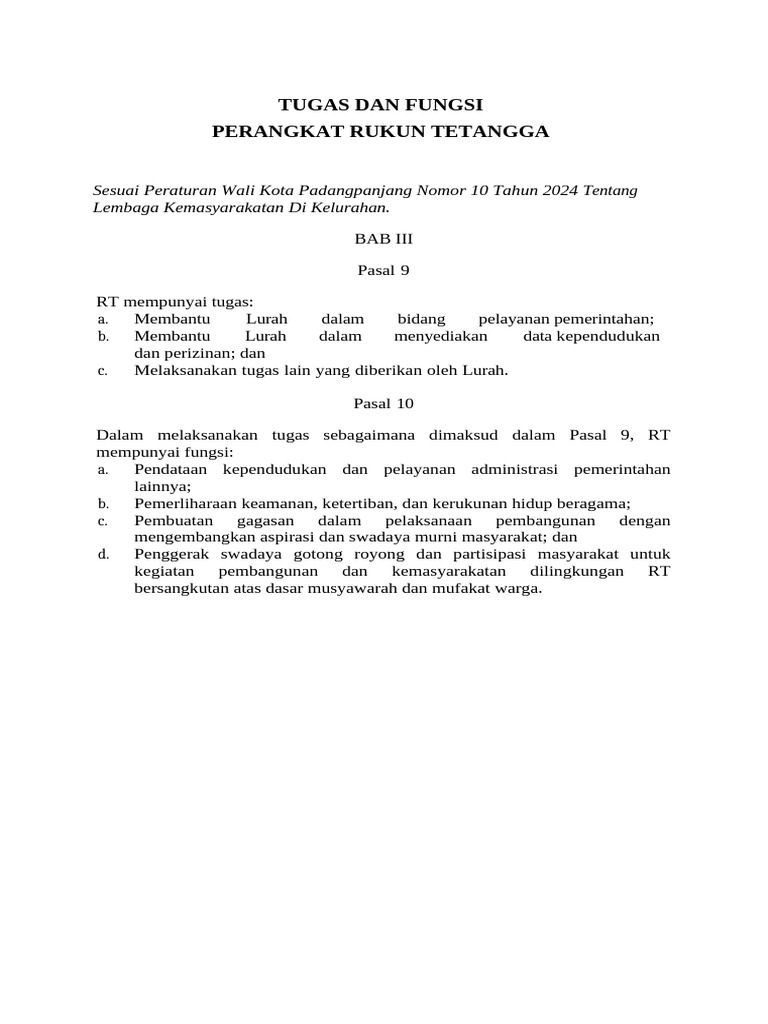 Tugas dan Fungsi Rukun Tetangga RT | PDF