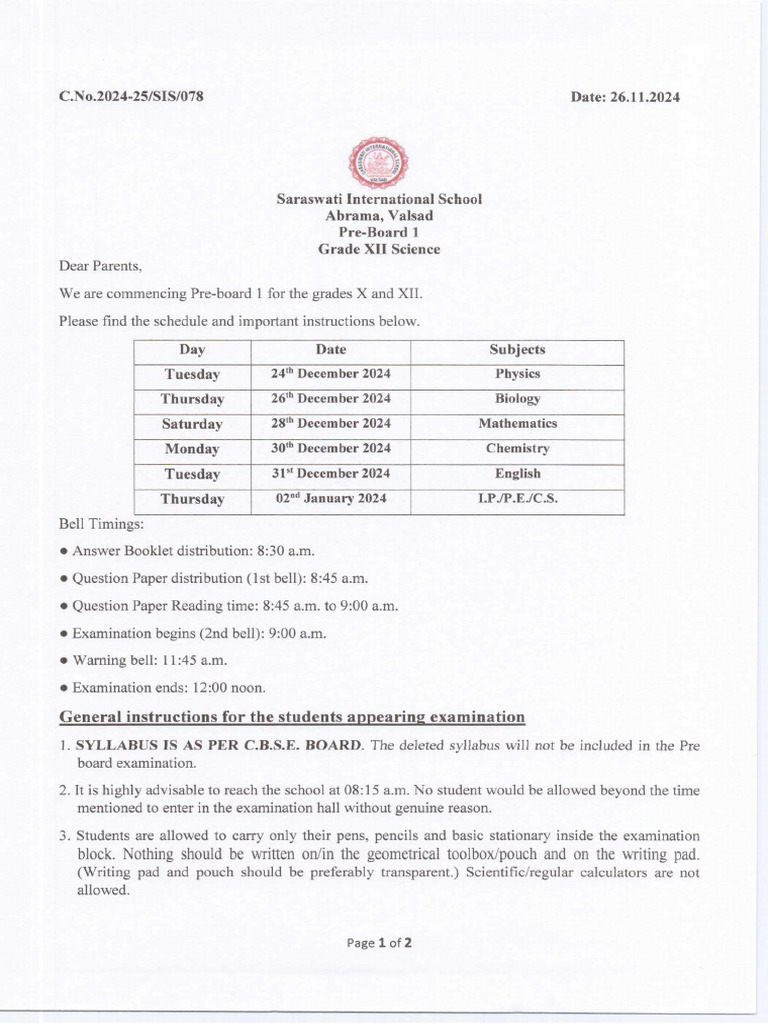 Grade XII Science Pre Board 1 Date Sheet 2024-25 | PDF