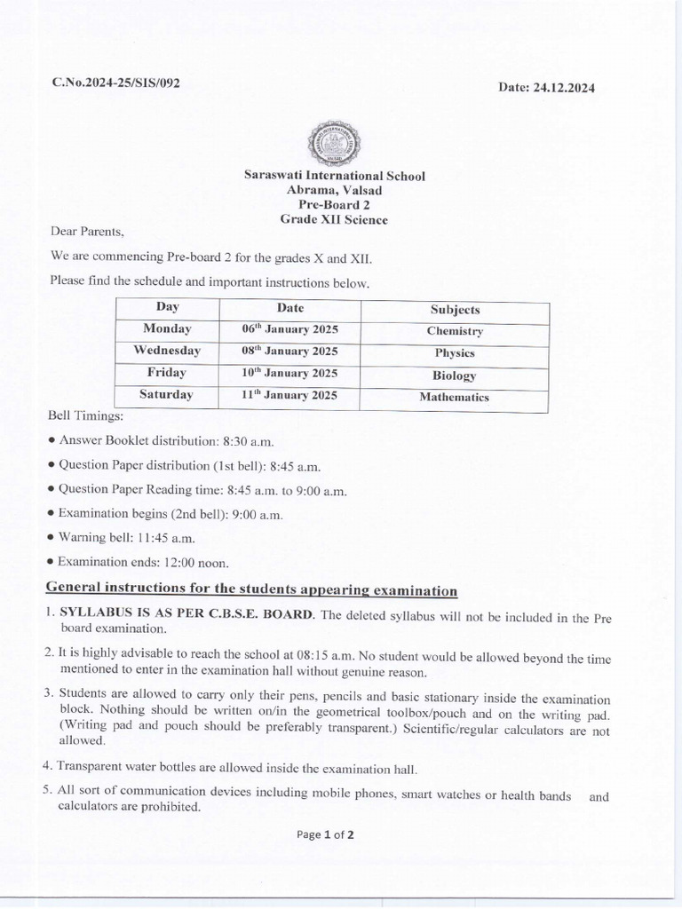 Schedule_for_Pre-Board_2_Grade_XII_Science | PDF Schedule_for_Pre-Board_2_Grade_XII_Science | PDF