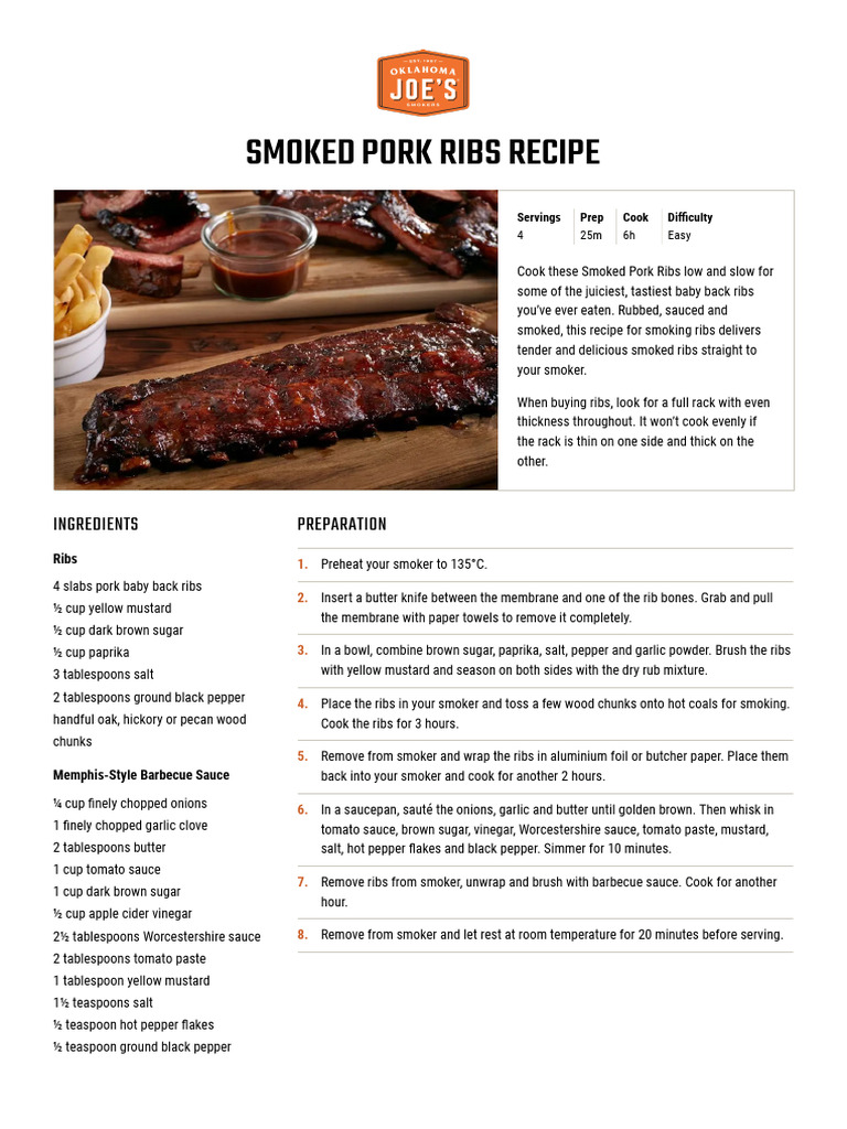 Smoked Pork Ribs Recipe Oklahoma Joe's Australia Smokers & Grills | PDF ...
