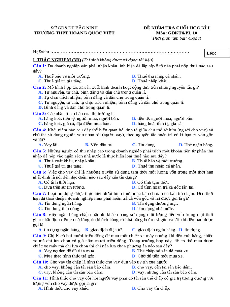 kiểm tra 10 cuối HK1 | PDF