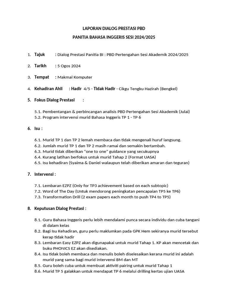 Laporan Dialog Prestasi PBD English Bil 1 2024 - 2025 | PDF