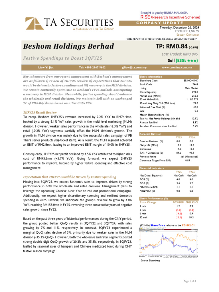 Beshom+Holdings+Berhad Festive+Spendings+to+Boost+3QFY25+ 241226 | PDF | Stocks | Valuation ...