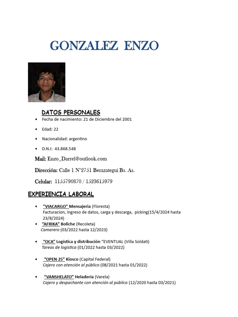 CV de Enzo González: Experiencia y Educación | PDF