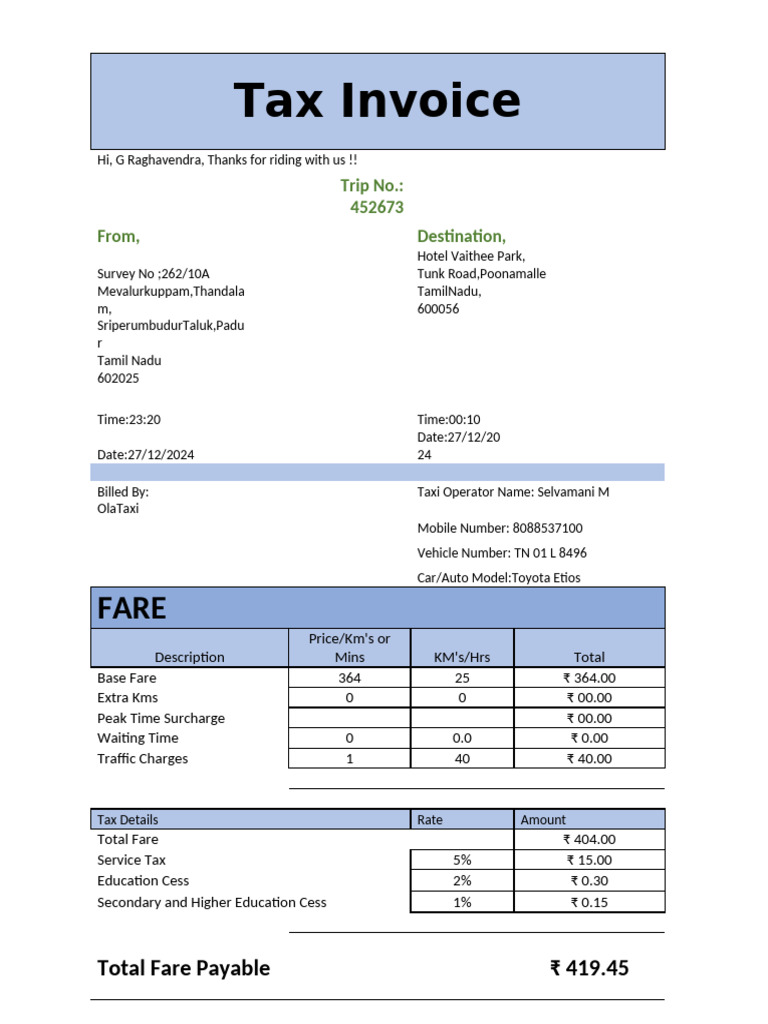 Ola Taxi Bill Format 04 | PDF