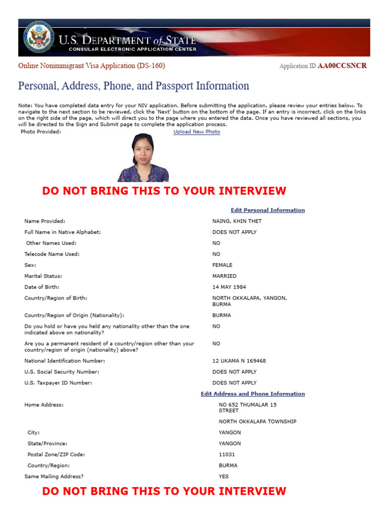 1 Non-Immigrant Visa - Review Personal, Address, Phone, and Passport ...