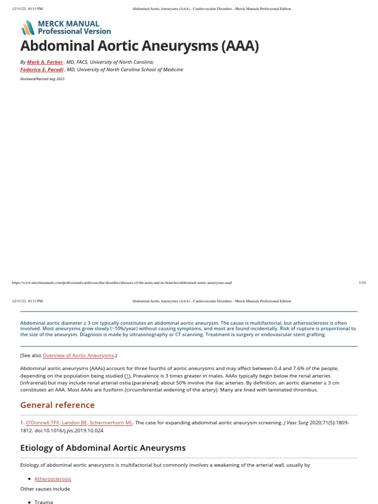 Abdominal Aortic Aneurysms Guide | PDF | Interventional Radiology | Medical Specialties