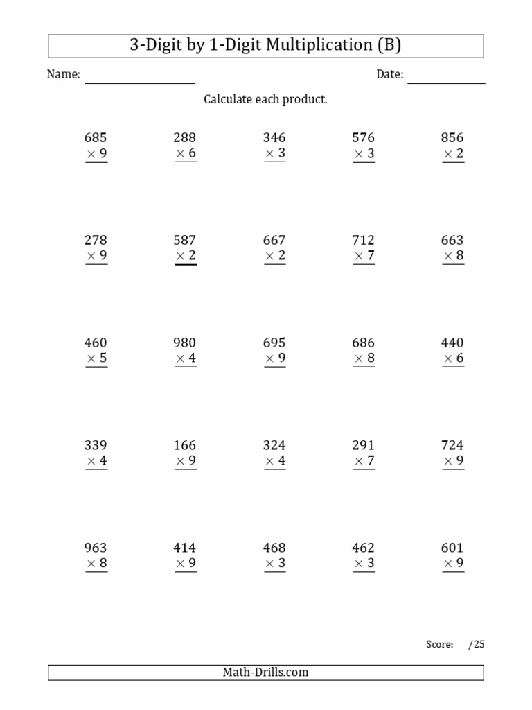 3 digit x 1 digit multiplication B | PDF