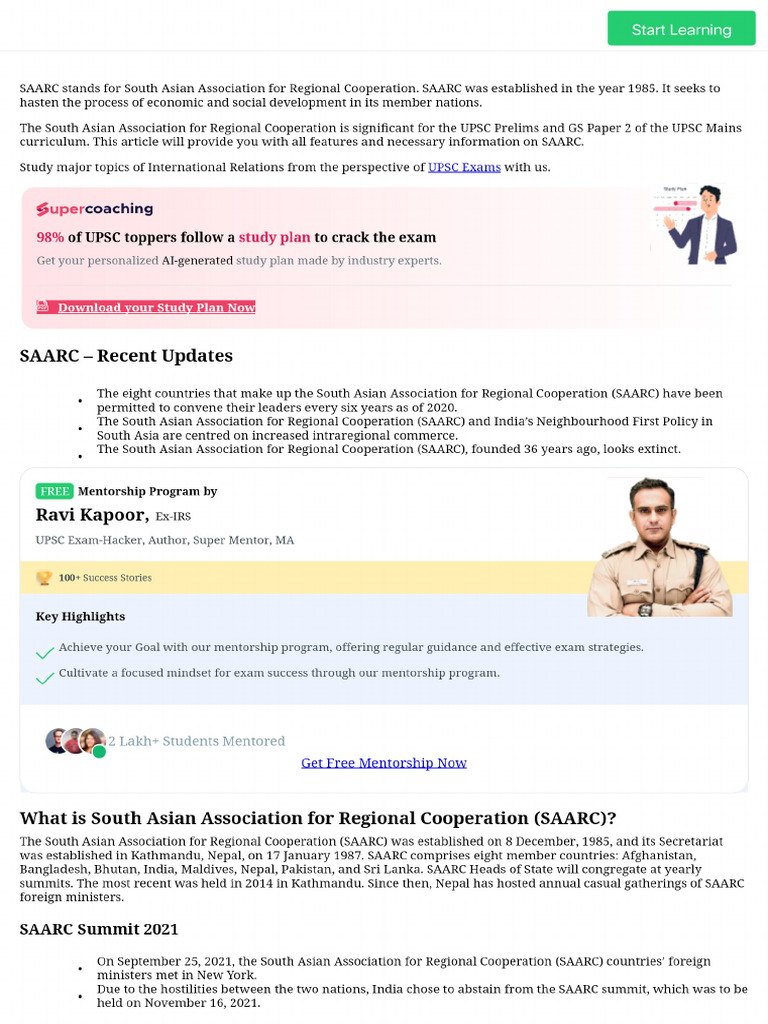 South Asian Association For Regional Cooperation - SAARC - in Detail | PDF