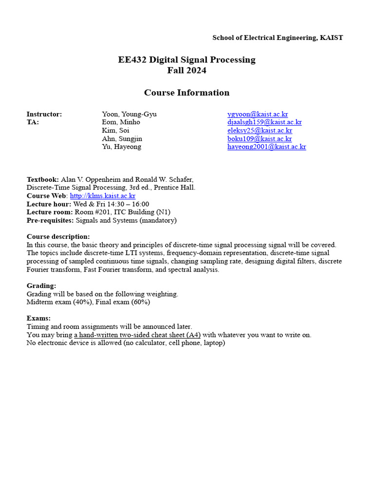 Syllabus EE432 Fall2024 v1 | PDF | Signal Processing | Spectral Density