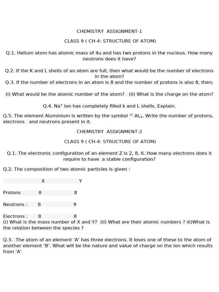 Chem Assignment Class - 9 Ch-4 | PDF | Atoms | Chemical Elements