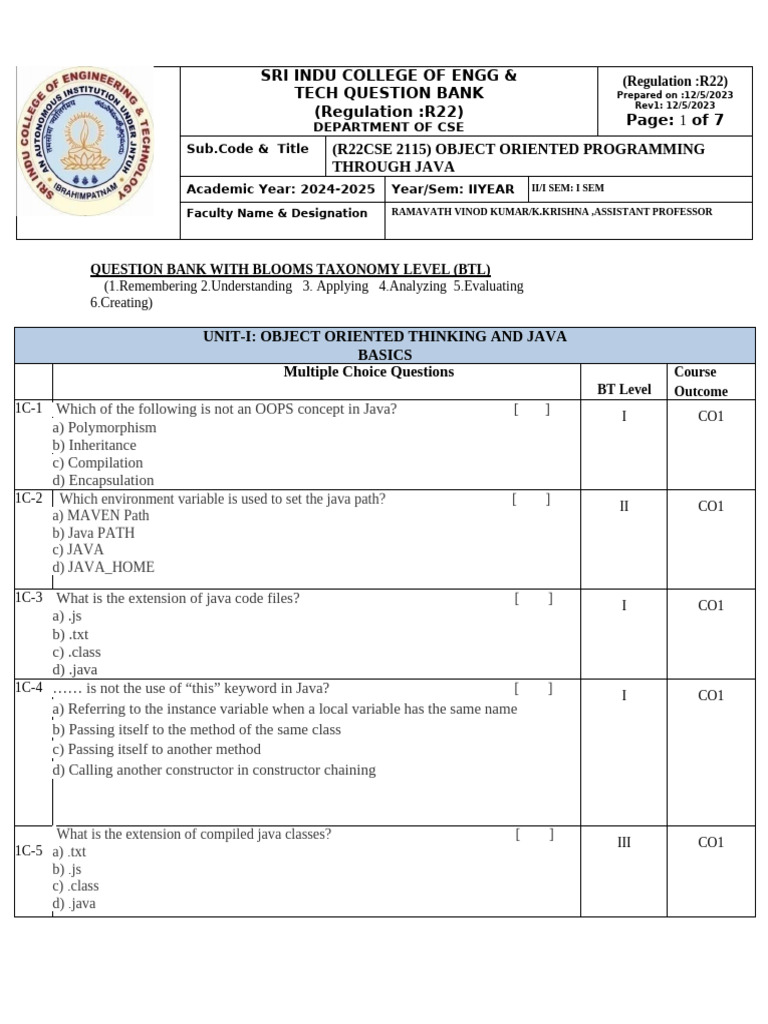 Question Bank For Second Year Oops-Updated | PDF | Method (Computer Programming) | Class ...
