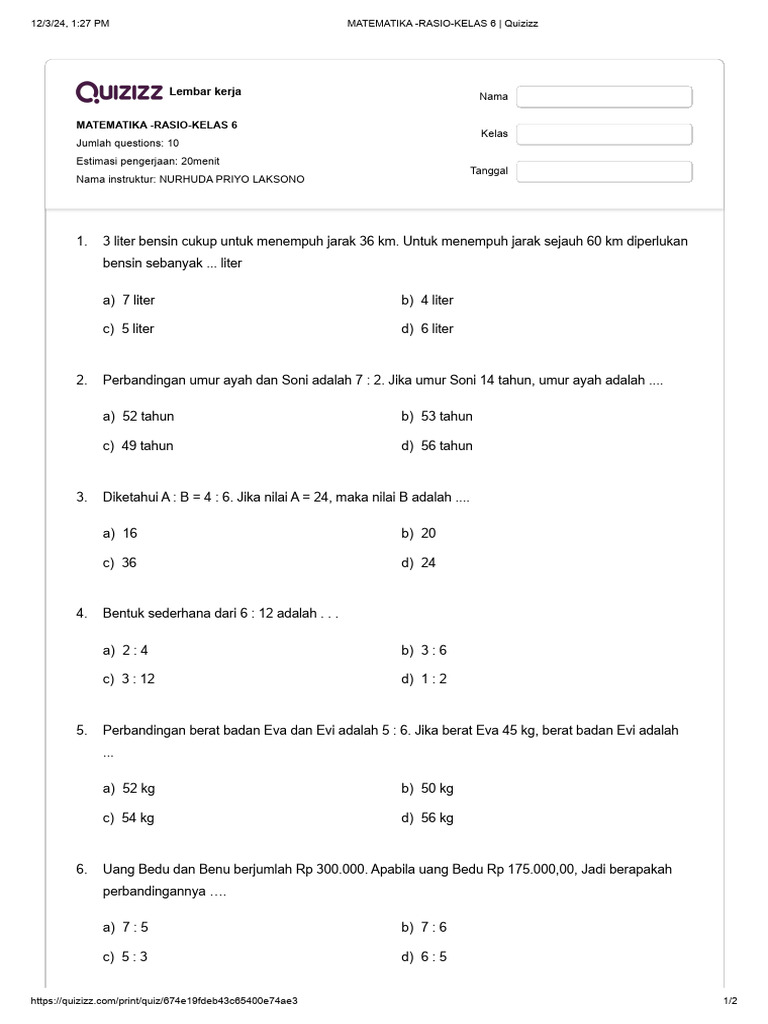 Soal Rasio Matematika Kelas 6 | PDF