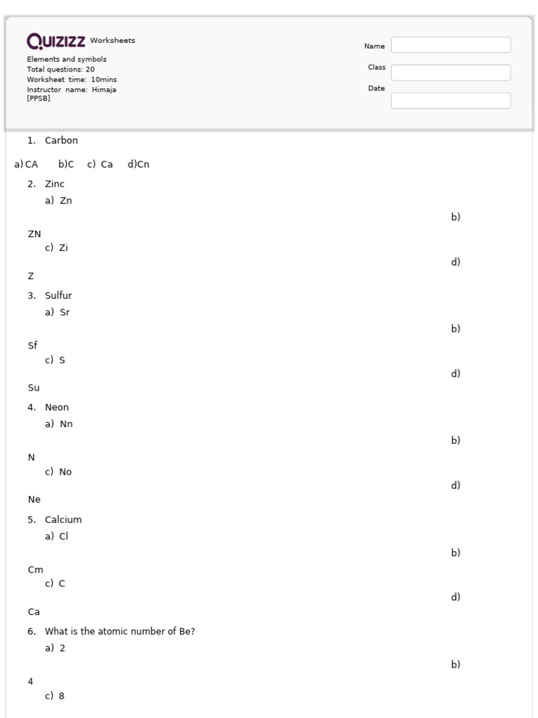 Chemistry Symbols and Elements Quiz | PDF