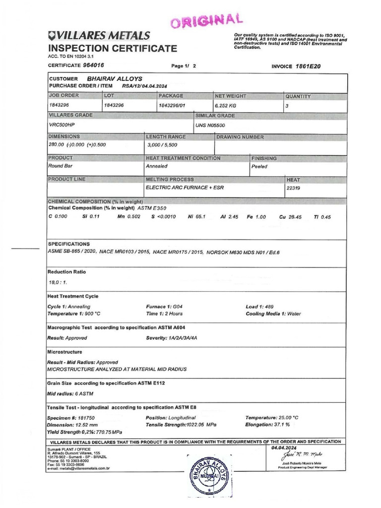 Raw Material TC For Ball 22319 Monel (UNS 5500) | PDF