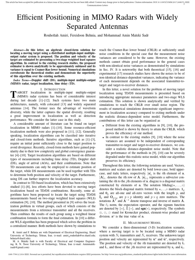 Efficient Positioning in MIMO Radars With Widely Separated Antennas ... Efficient Positioning in MIMO Radars With Widely Separated Antennas ...