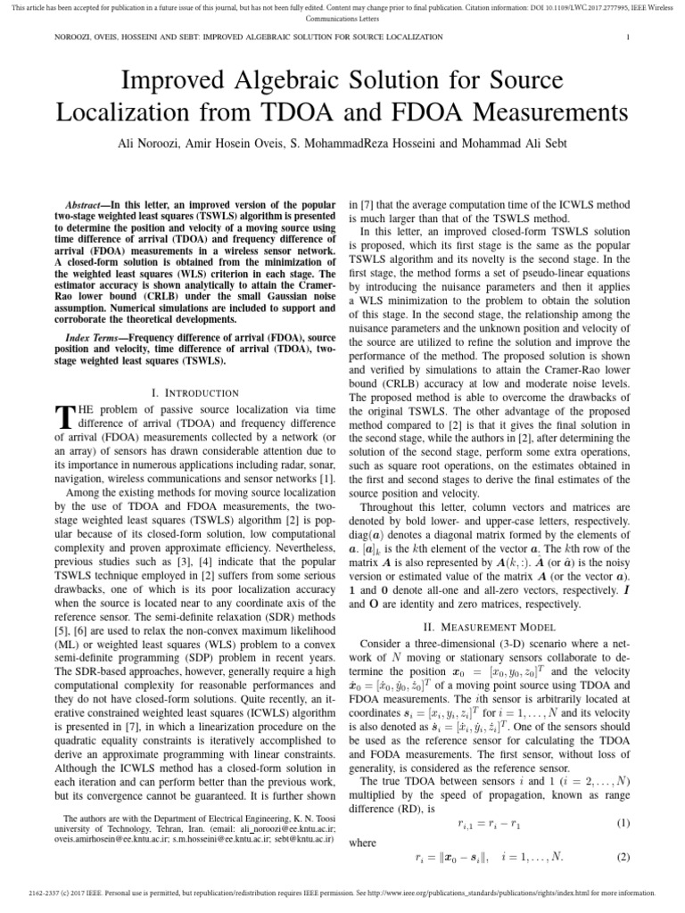 Improved Algebraic Solution For Source Localization From TDOA and FDOA Measurements | PDF ...