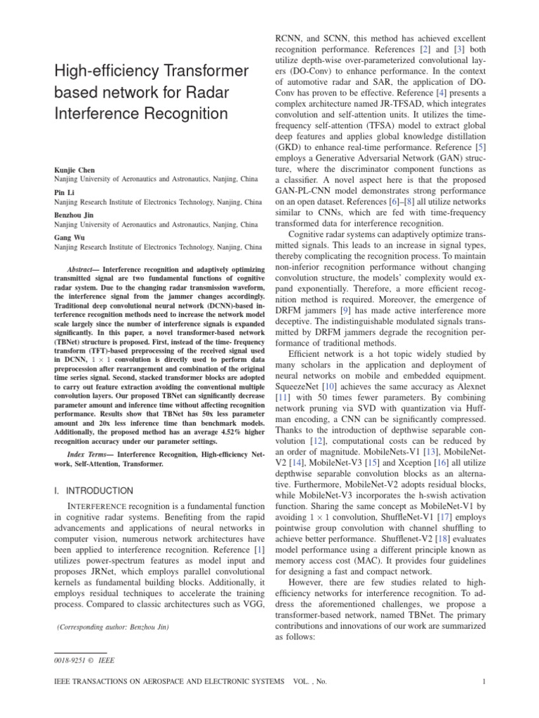 High Efficiency Transformer Based Network For Radar Interference