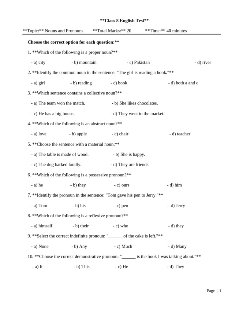Class 8 English Test | PDF | Pronoun | Linguistic Typology