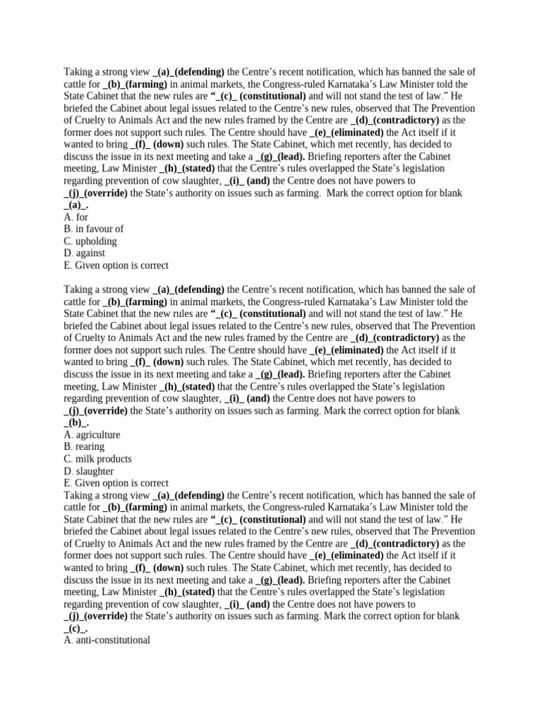 cloze test | PDF | Cruelty To Animals | Animal Slaughter