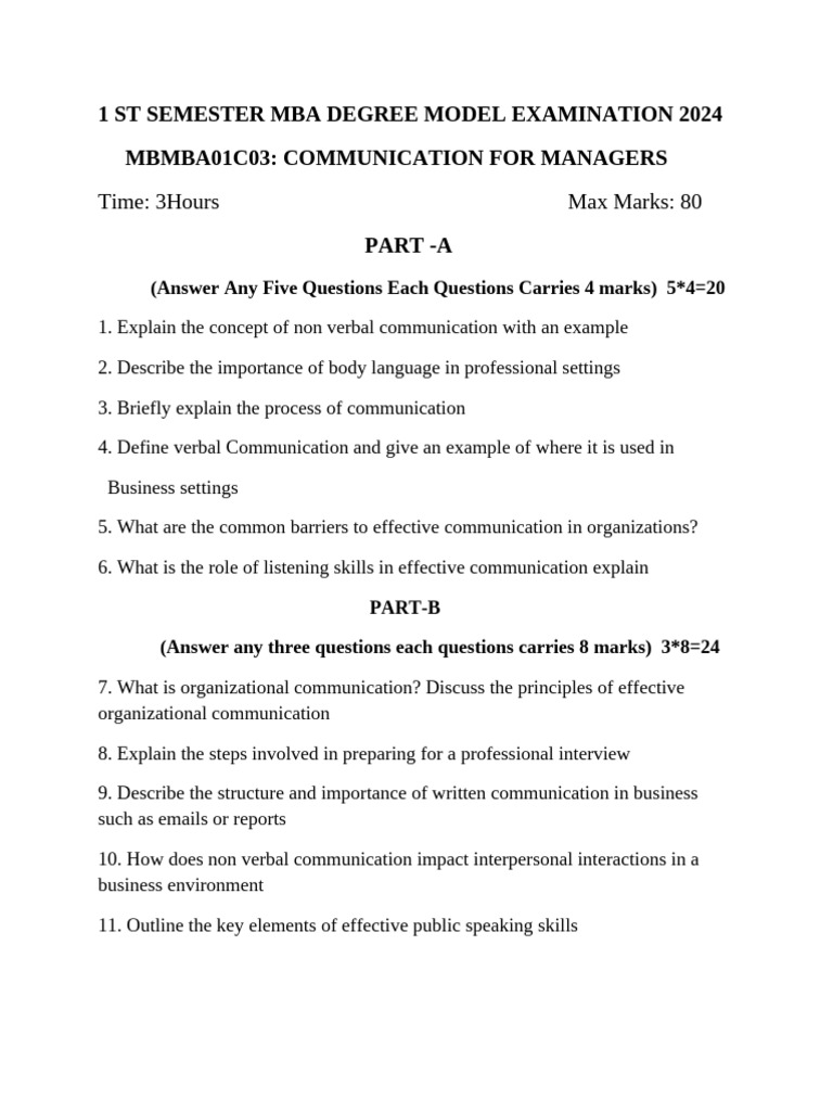 1 ST Semester Mba Degree Model Examination 2024 | PDF