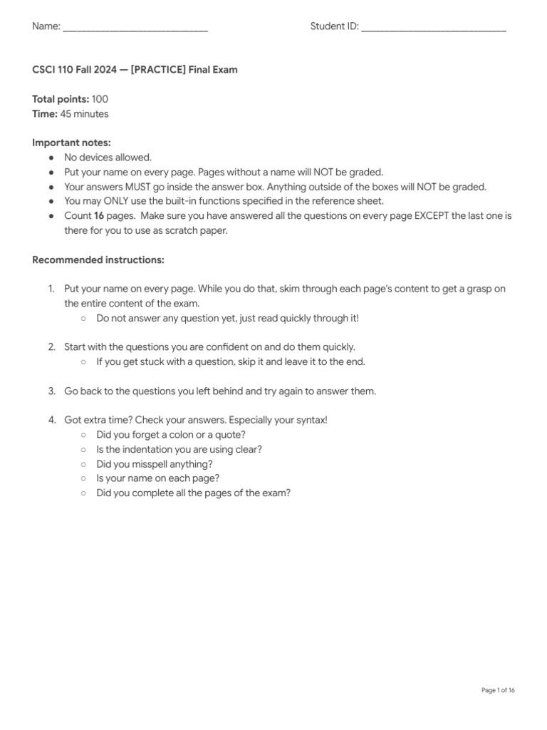 CSCI 110 Fall 2024 Final Exam Practice | PDF | String (Computer Science) | Computer Science