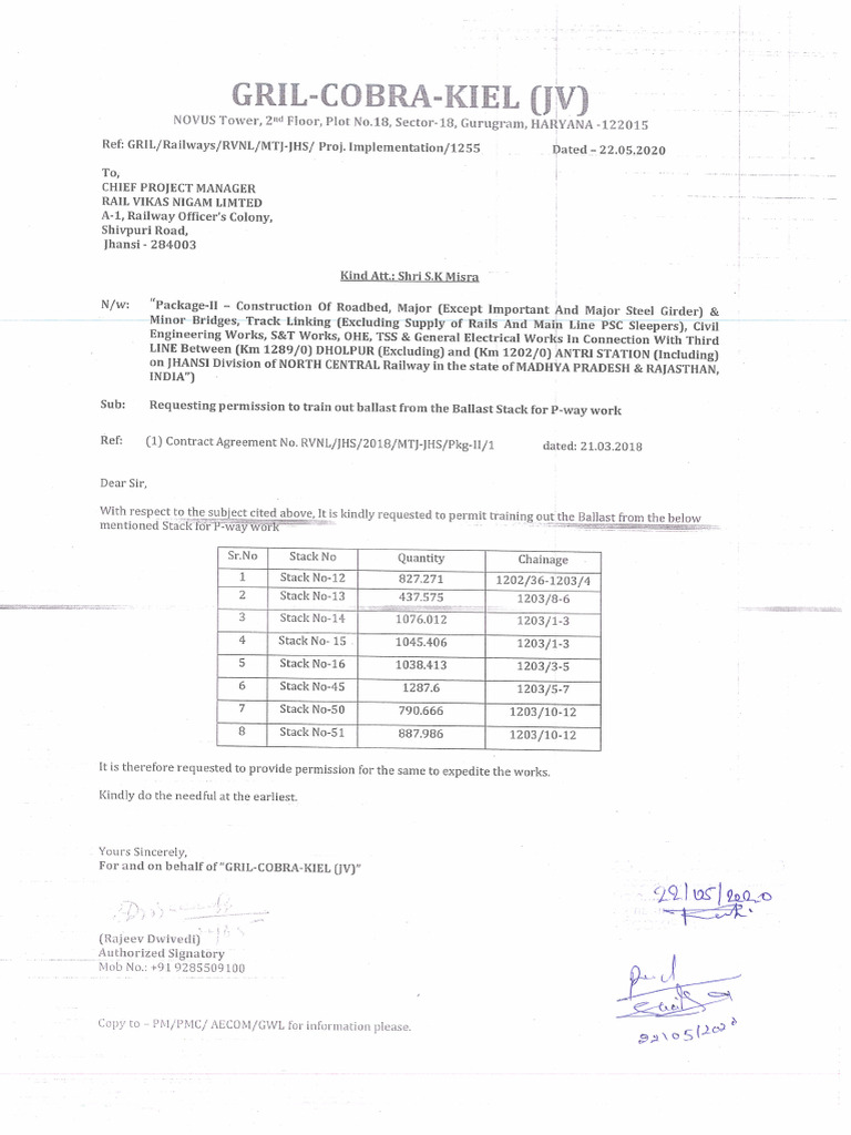DHAN PMC 01255 Requesting Permission to Train Out Ballast From the ...