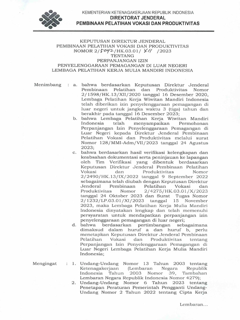 SK - LPK Mulia Mandiri Indonesia - 0001 | PDF