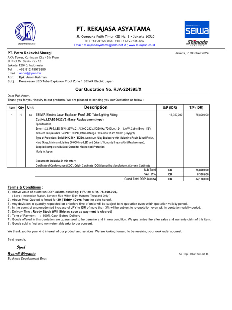 QTN RJA-224395_X - Seiwa Electric Japan LZAB Exp Type LED Lighting (PT Petro Rekavisi Sinergi ...