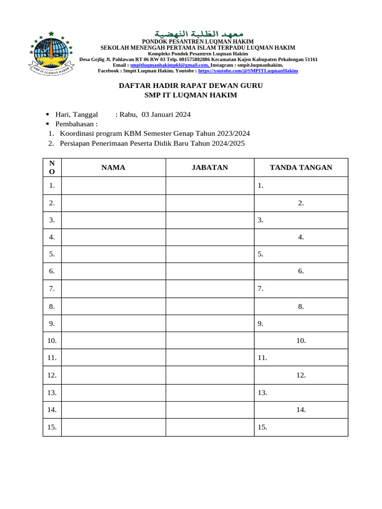 Daftar Hadir Rapat Dewan Guru | PDF