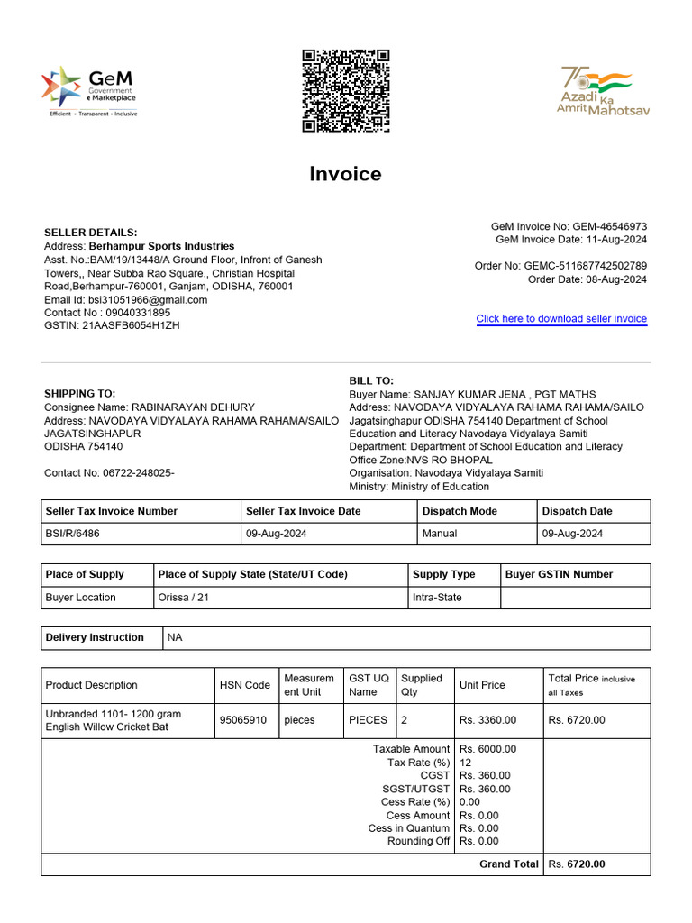 GST Invoice for Cricket Bats Purchase | PDF | Invoice | Taxes