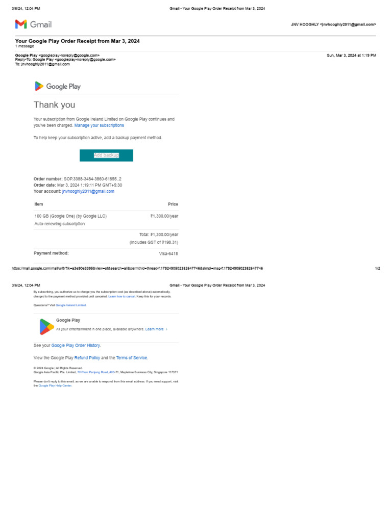 Google Play Order Receipt - Mar 2024 | PDF | Web 2.0 | Alphabet Inc.