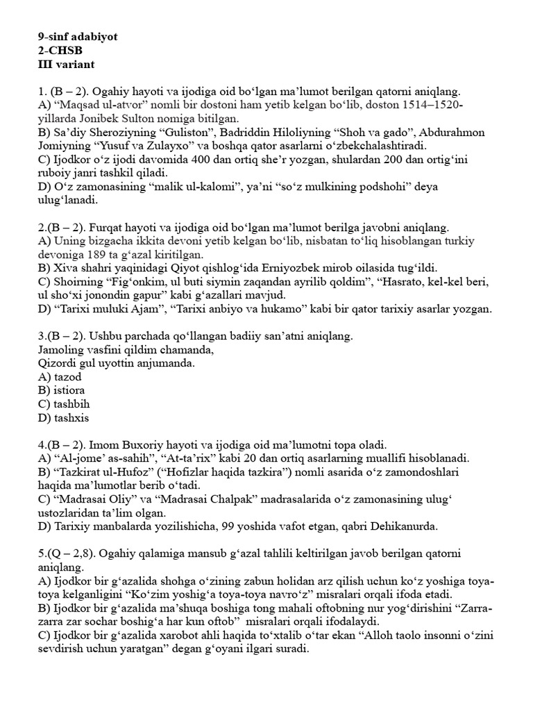 9-Sinf Adabiyot 3-Var. 2-CHSB @summativ - Formativ - Baholash | PDF