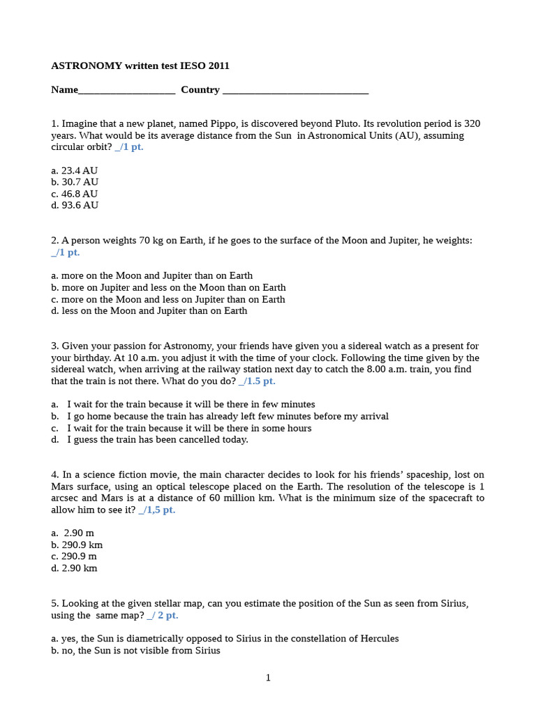 Astronomy Writtentest Questions | PDF | Jupiter | Astronomical Unit