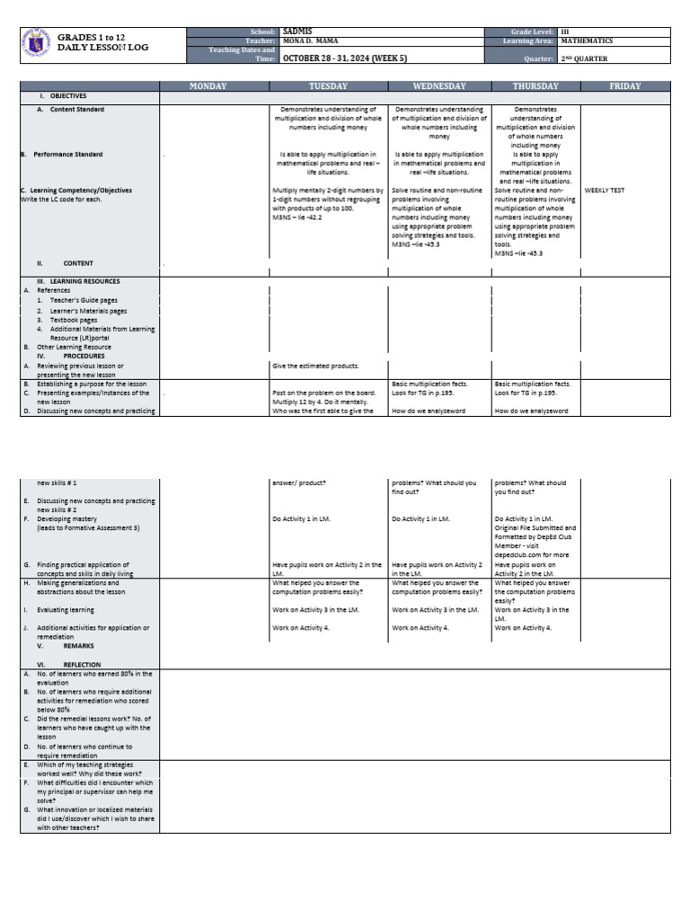 Grade 3 Math Lesson Plan: Multiplication | PDF | Learning | Multiplication