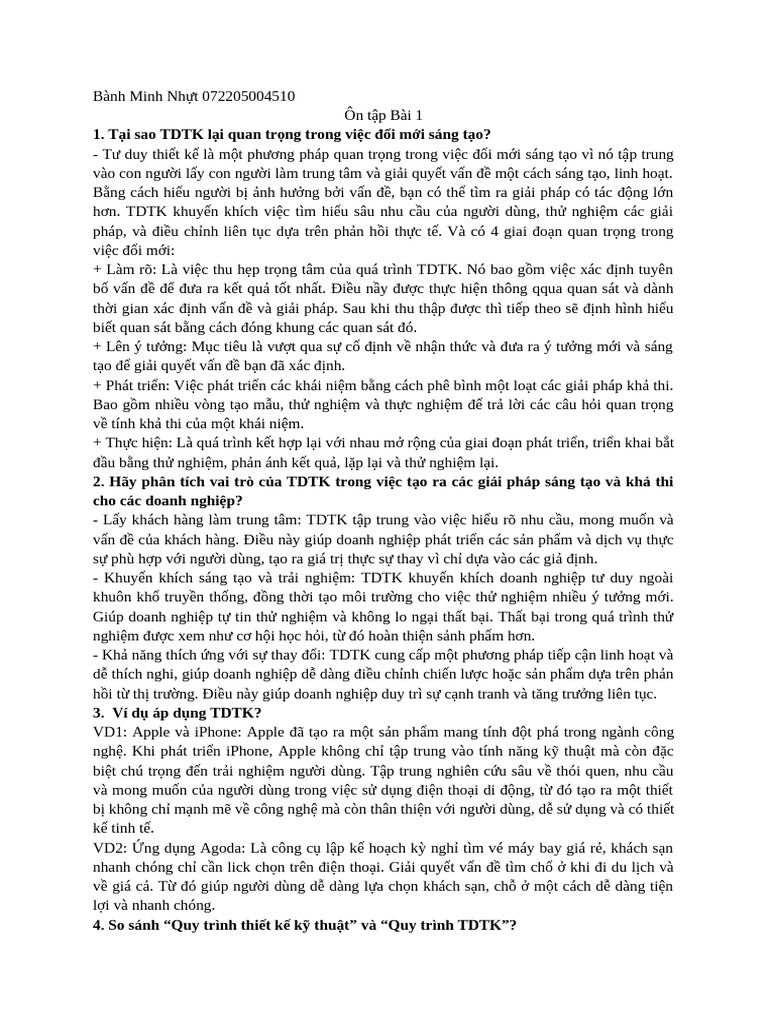 TDTK Ôn tập bài 1 | PDF