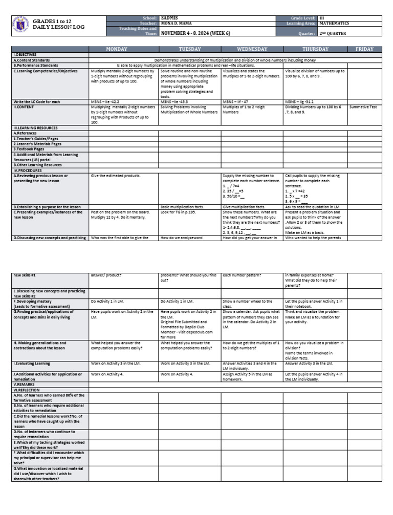 DLL Mathematics 3 q2 w6 | PDF | Learning | Behavior Modification