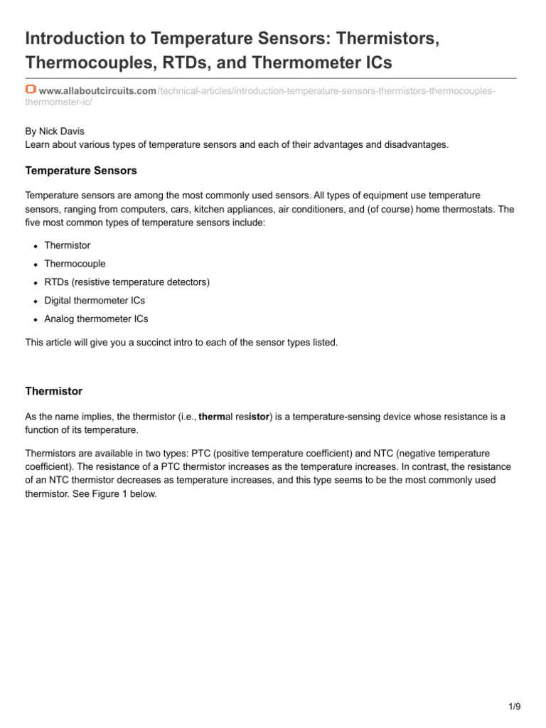 Introduction To Temperature Sensors Thermistors Thermocouples RTDs and Thermometer ICs | PDF ...