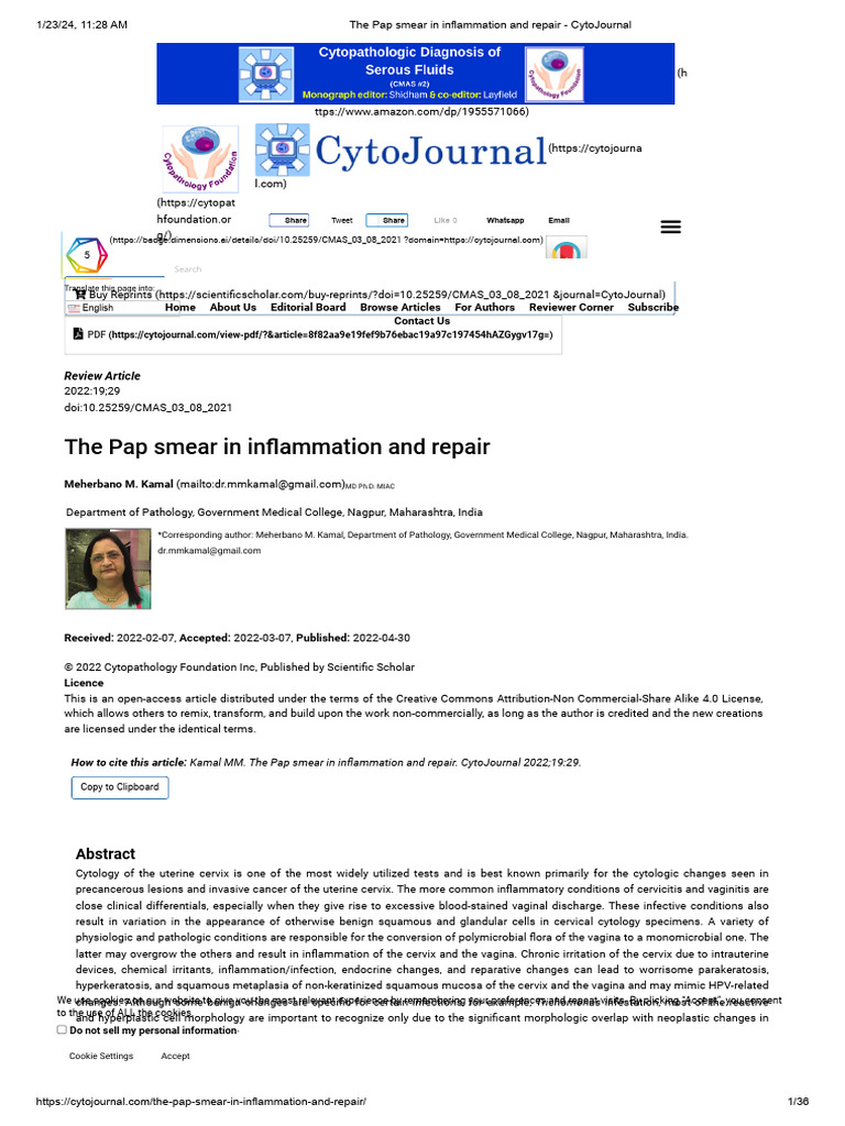 The Pap Smear in Inflammation and Repair - CytoJournal | PDF | Vagina | Cytopathology