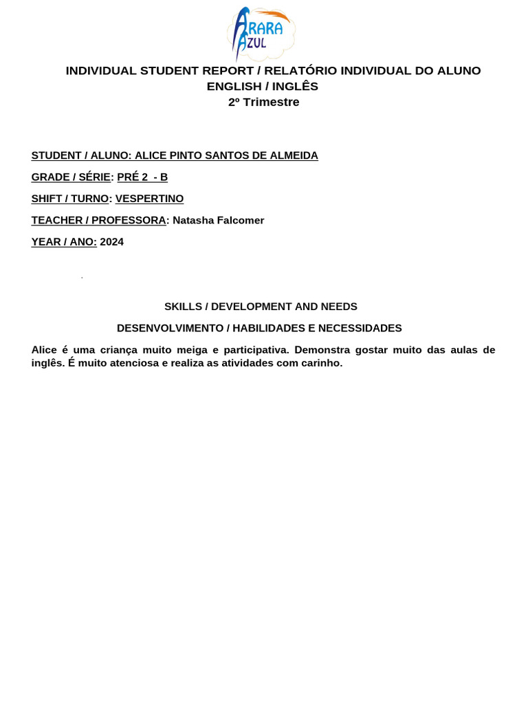 Individual Student Report 2º Tri - Pre 2 B - Vespertino | PDF