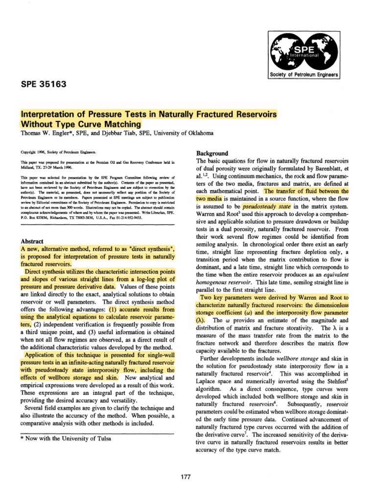 Engler + Tiab - Naturally Fractured Reservoir-Highlighter | PDF | Line (Geometry) | Derivative