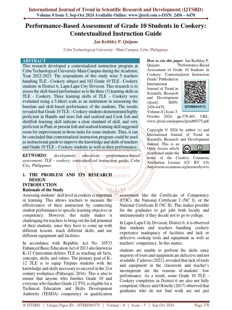 Performance Based Assessment of Grade 10 Students in Cookery ...