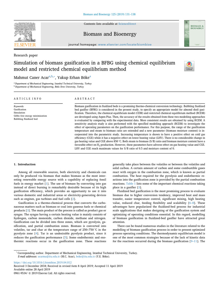 Simulation of Biomass Gasification in A BFBG Using Chemical - 2019 ...